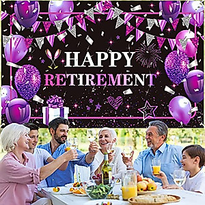 Purple Happy Retirement Banner Decorations Large Purple and Black Retirement Backdrop Sign in Retirement Theme Party Photo Booth Background for Women Men Retirement Office Farewell Party Supplies