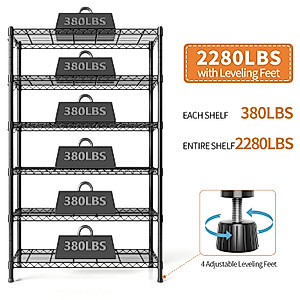 Hodonas Wire Shelving Unit with Wheels, 6-tier Metal Shelving with Adjustable Storage Shelves Freestanding Sturdy Metal Wire Storage Shelf Organizer Rack for Pantry Garage Kitchen, 36"W x 14"D x 75"H