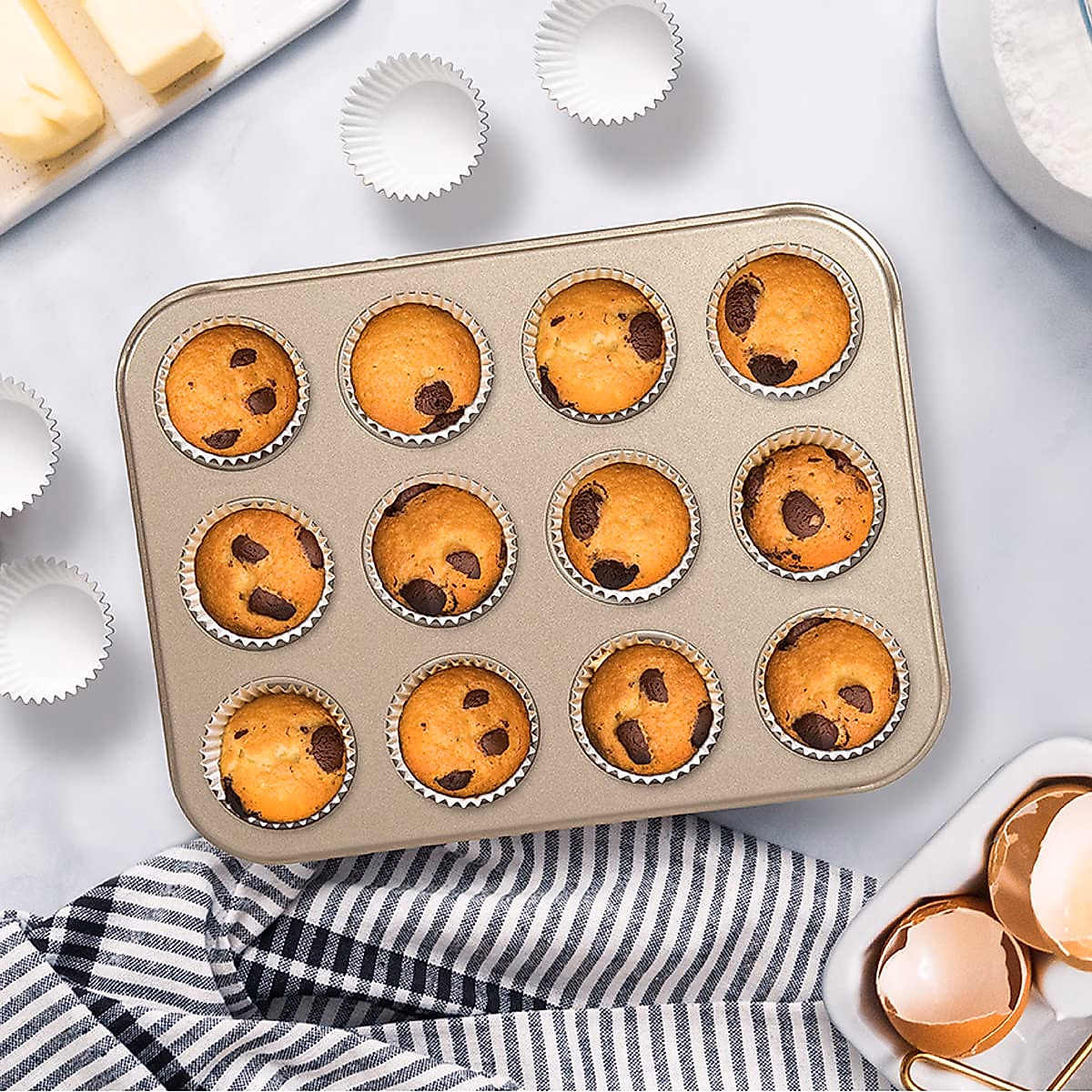 Glad Muffin Pan Nonstick-Heavy Duty Metal Cupcake Tin with Small Baking, Mini 12-Cup, Gold