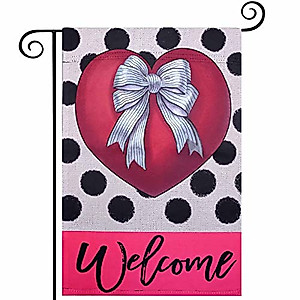 Welcome Valentines Day Garden Flag, hogardeck 12.5x18 Inch Vertical Double Sided Potka Dot Heart Yard Flag, Farmhouse Rustic Outdoor Valentines Day Decor