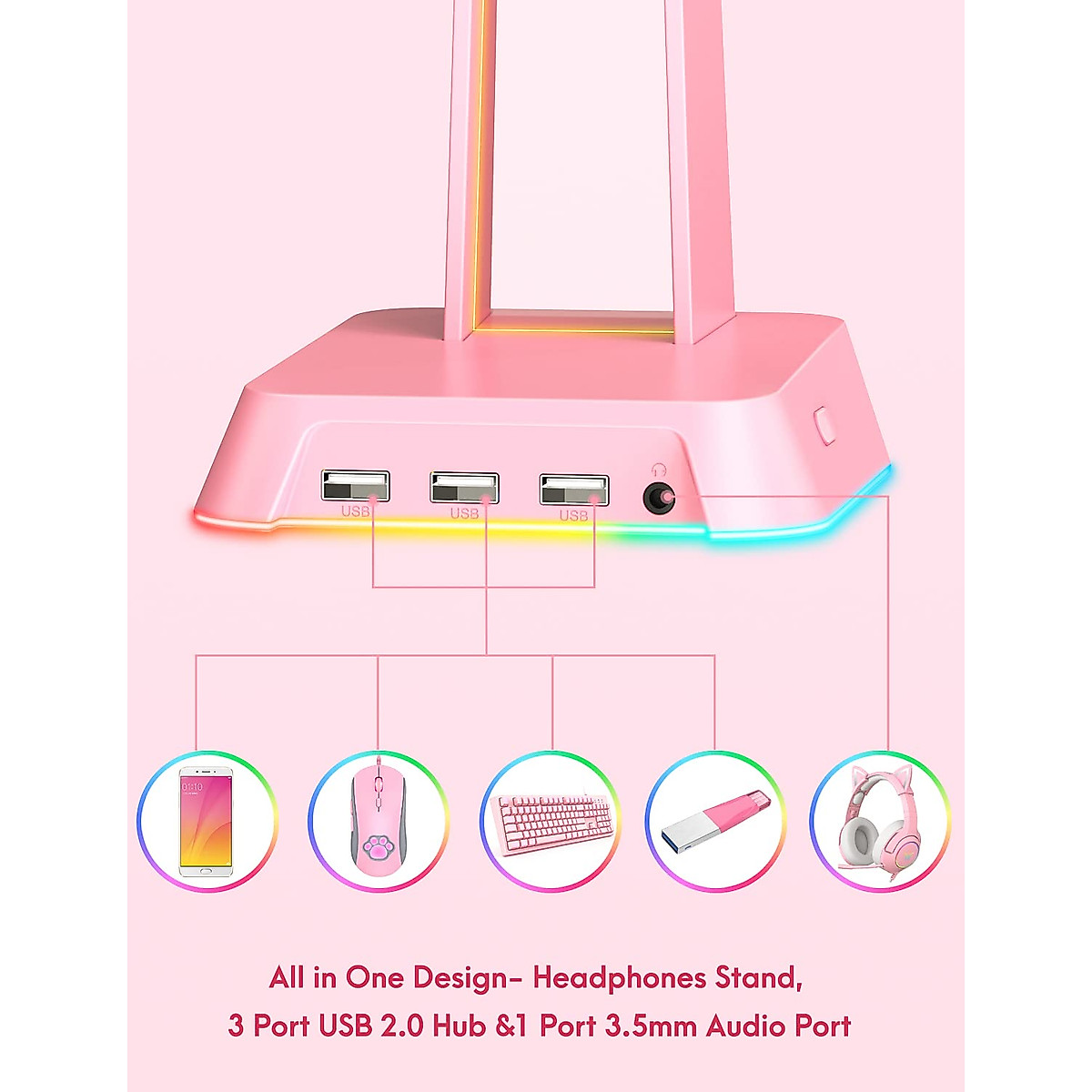 SOSISU RGB Headphones Stand with 3.5mm AUX and 3 USB 2.0 Ports, Gaming Headset Holder Hanger with Non-Slip Rubber Base for SOSISU Gaming Headset(Not Included), PC, Desktop (Pink)