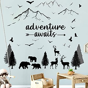 Pajean Woodland Nursery Wall Stickers Tree Wall Decals Vinyl Wall Quotes Stickers Jungle Wild Mountain Forest Animal Deer Bear DIY Stickers for Kids Room Decor Boy Living Room Bedroom, 9.8 x 13.8 Inch