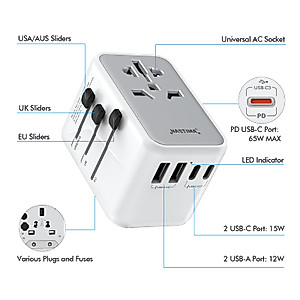 NASTIMA 65W Universal Travel Adapter Worldwide, 3USB-C PD & 2USB-A QC Travel Charger, GaN III Technology for Laptops Tablets Phones with UK,EU,AU,US Plugs (Type G/C/I/A)