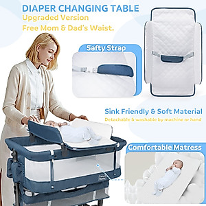 4 in 1 Baby Bassinet, Upgraded Nursery center w/ Diaper Changer, 360° Highly Visible Mesh wall, Comfy Newborn Bassinet with 5 Level Adjustable Height, Portable Baby Travel Crib for baby, Blue