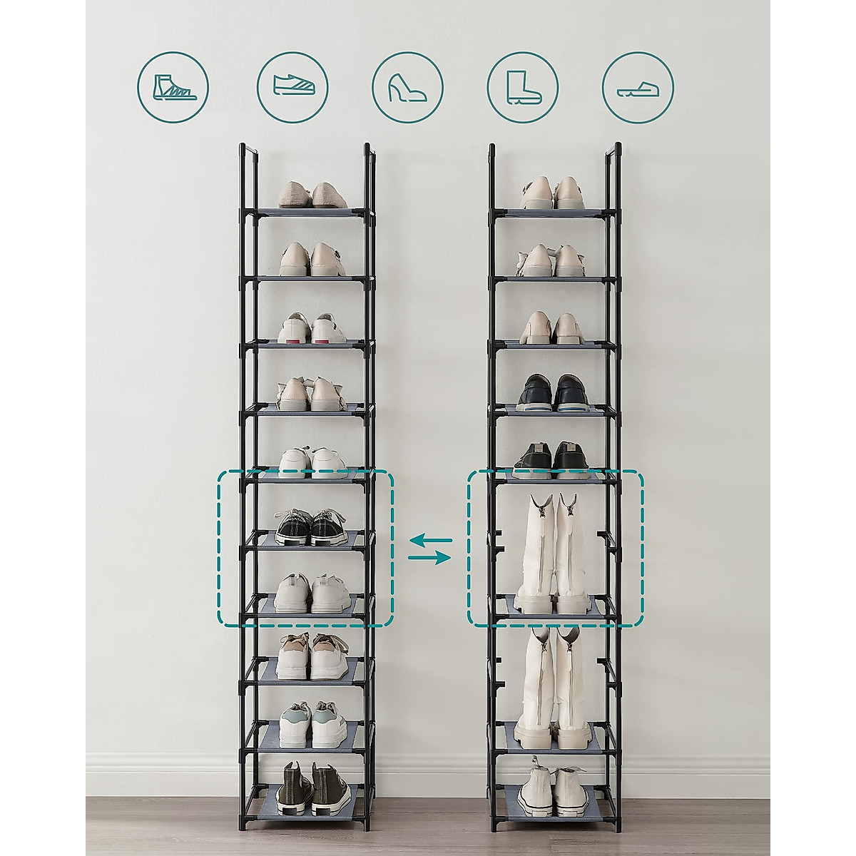 SONGMICS Shoe Rack, 10 Tier Shoe Shelf, Shoe Storage Organizer, Space-Saving, 13 x 13 x 68.1 Inches, Metal Frame, Non-Woven Fabric Shelves, for Entryway, Bedroom, Grey ULSR110G01