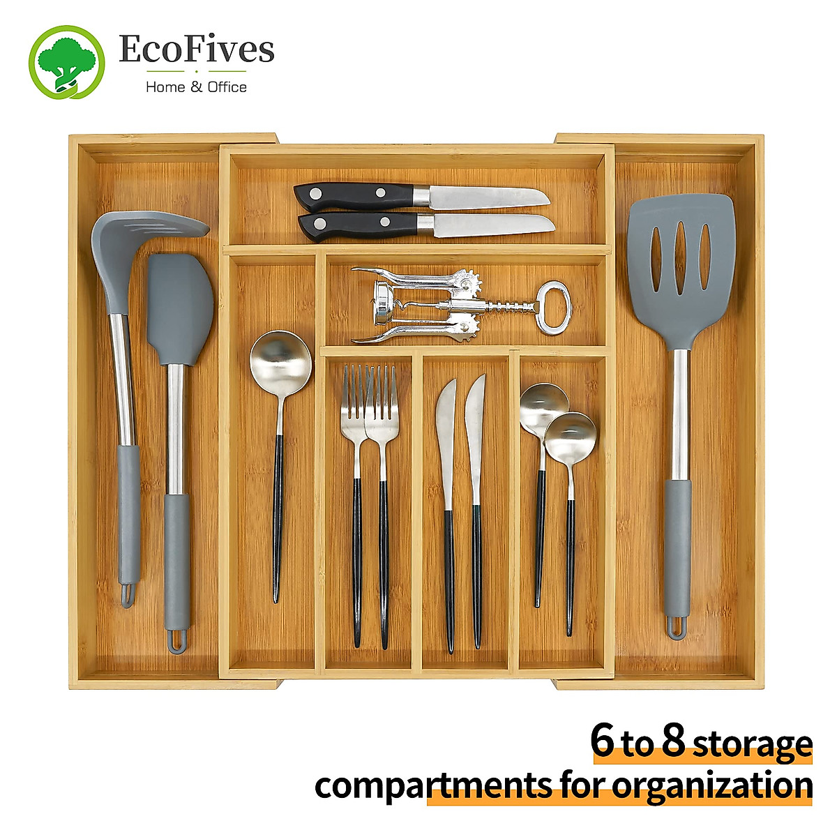 EcoFives Bamboo Kitchen Drawer Organizer - Silverware Organizer - Utensil Holder and Cutlery Tray with Grooved Drawer Dividers for Flatware and Kitchen Utensils (8 Slot)