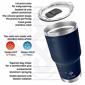 ZENMO Insulated Cup with Straw Lid and Cleaning Brush 30 oz Stainless Steel Double Wall Insulated Travel Mug Reusable Hot and Cold Tumbler Flask for Iced Coffee & Water Meta Thermo Canteen (Dark Blue)