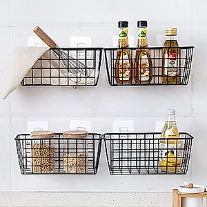 Metal Hanging Wire Basket with Hooks for Storage, Bawuie 4 Pack Wall Mount on Door Sturdy Organizer Holder, Farmhouse Rustic Decor Home Bin for Kitchen Cabinets Pantry Bathroom Bedroom Office, Black