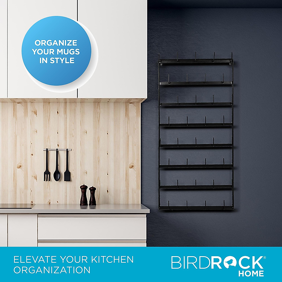 BirdRock Home 36 Peg Mug Rack for Wall - Coffee Tea Cup Glass Storage Holder - Coffee Bar Display Décor - Decorative Kitchen Organizer - Heavy Duty Rack - Flat Black Metal Steel