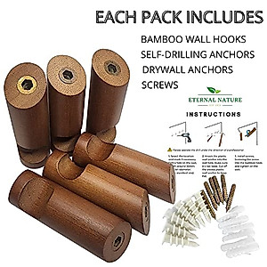 Eternal Nature Bamboo Wood Wall Hooks 6 Pack - Handmade Rustic Mounted Hooks - Heavy Duty Wooden Wall Hooks- Modern Decorative Entryway Hanger Peg Set for Hanging Coat Hat Cap Bag Backpack Clothes
