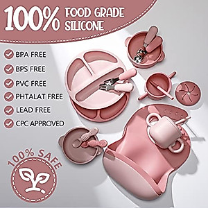 16 Pcs Baby Led Weaning Supplies Silicone Baby Feeding Set Baby Plates with Suction Baby Utensils with Divided Adjustable Bib Bowl Cutlery Snack Cup Spoons Straw 6 Months+ (Dark Pink, Dusty Pink)
