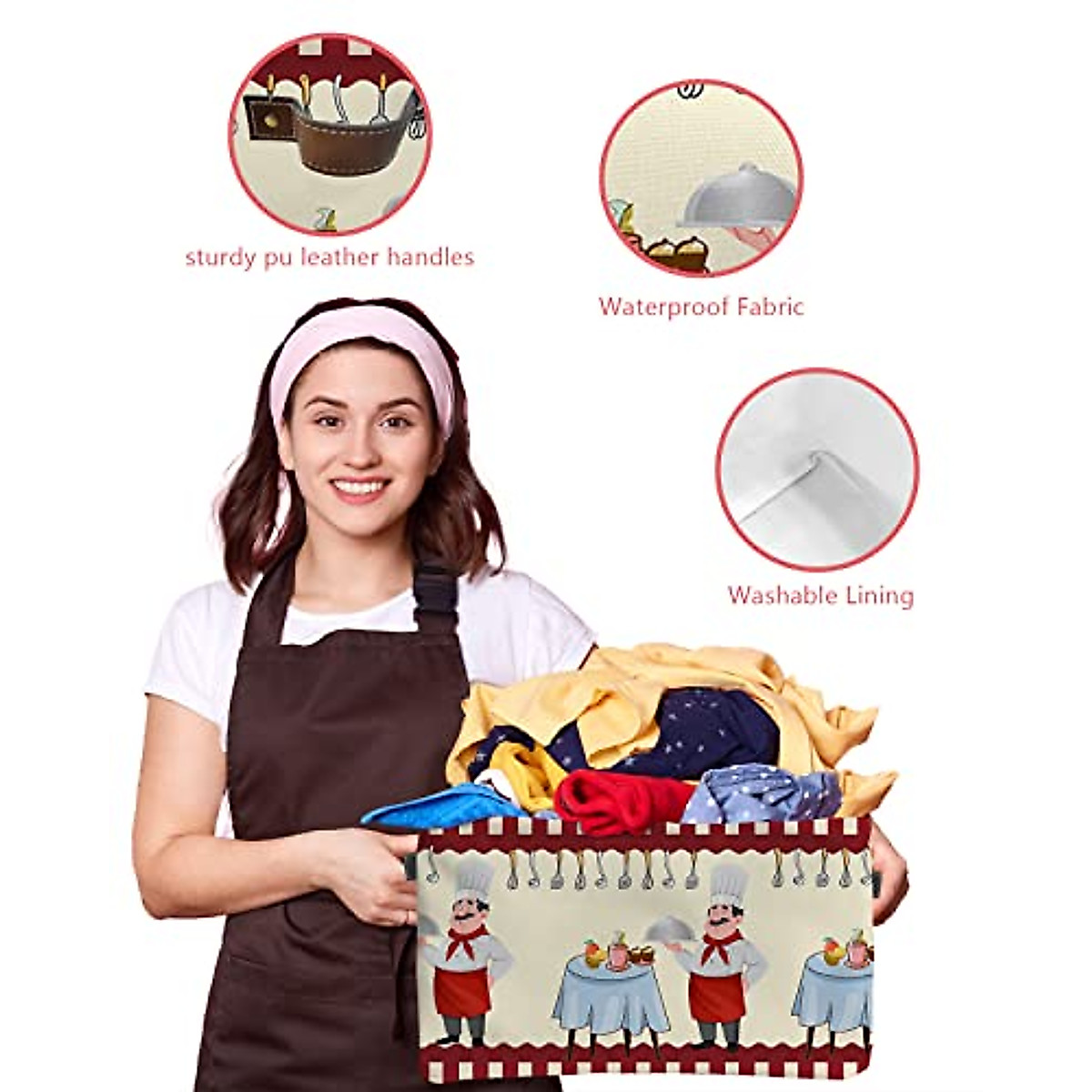 Storage Baskets for Organizing, Toy Box Chest Chef Gourmet Knife And Fork Foldable Cube Storage Bin with 2 Leather Handles Set of 1