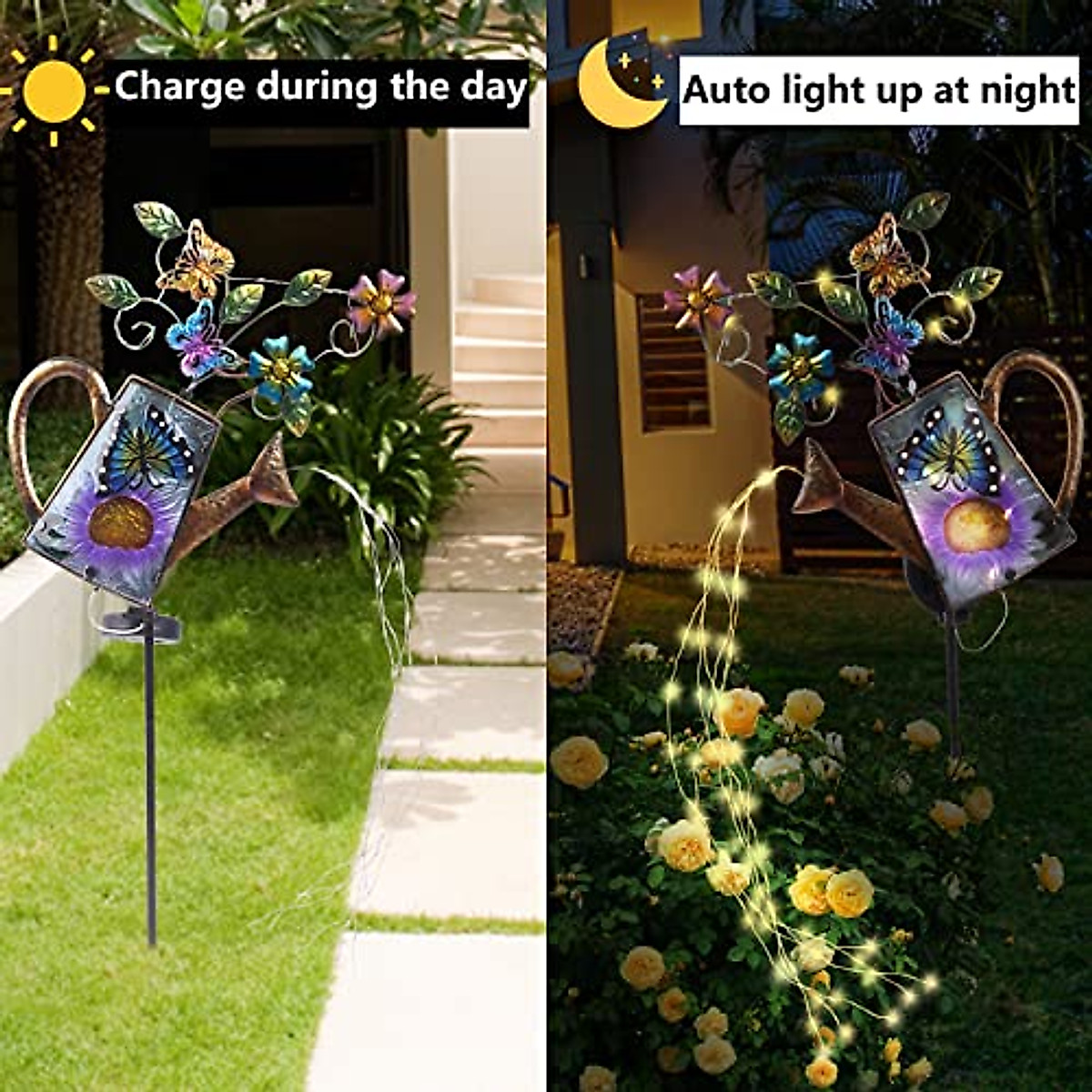 Solar Outdoor Watering Can Lights-Butterfly Decorative Path Lights, Metal Glass Solar Powered Garden Waterfall Decor Ornament for Yard Lighting Outside