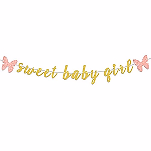 LASKYER Sweet Baby Girl Gold Glitter Garland Banner with Pink Butterfly Perfect for Baby Shower Baby Girl Birthday Party Decorations.