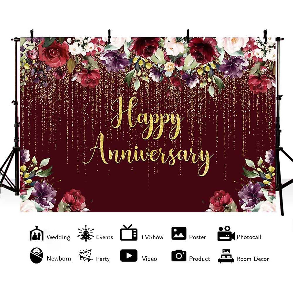 MEHOFOND 10x7ft Happy Anniversary Backdrop Gold Glitter Burgundy Wedding Anniversary Photography Background Couple Wedding Women Birthday Floral Party Decoration Cake Smash Decor Studio Photo Backdrop
