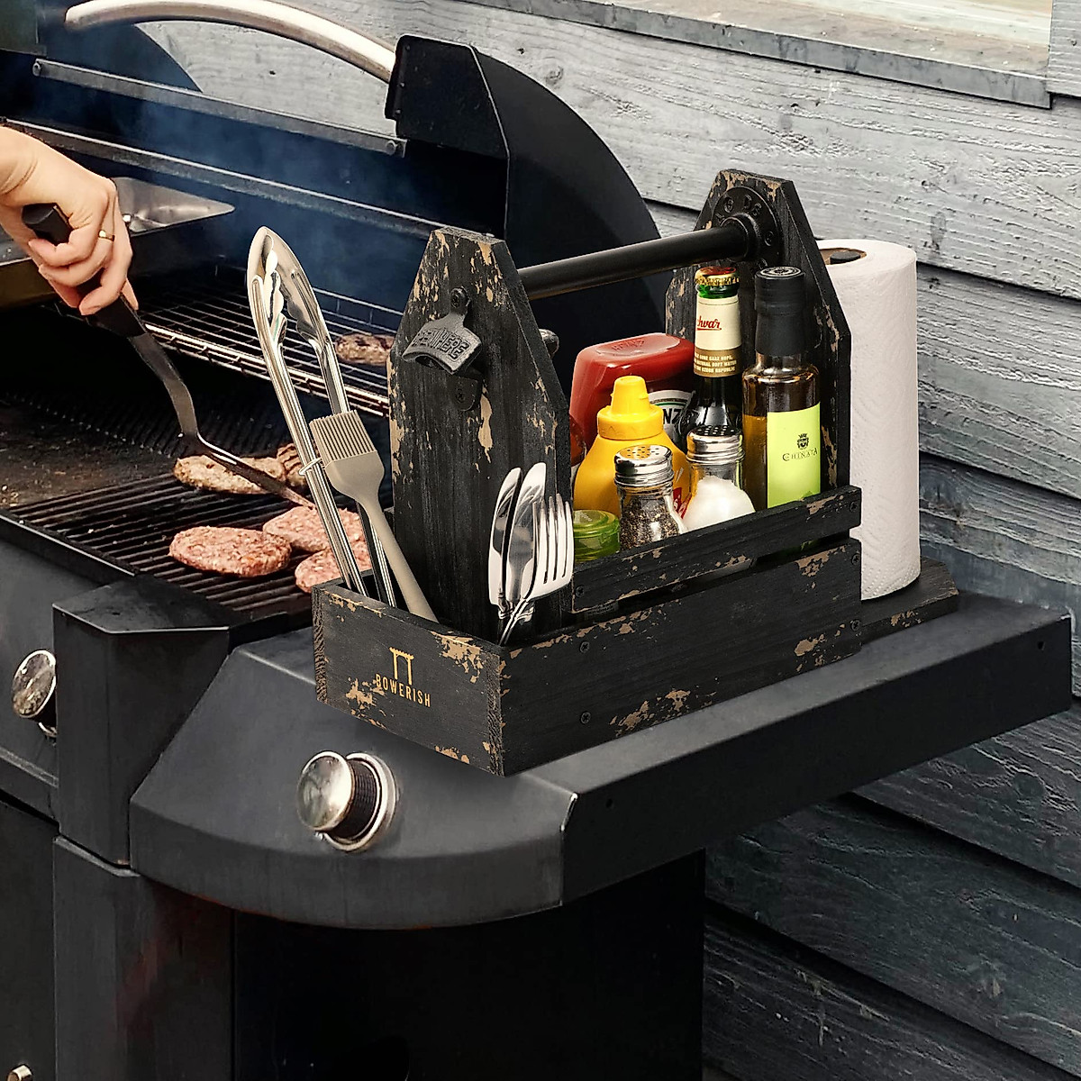 BOWERISH Distressed Wood BBQ Caddy with Paper Towel Holder and Three Utensil Holder - Ideal Organizer for Picnic Condiment and Outdoor Grill Accessories - Sturdy Iron Handle and Classic Bottle Opener