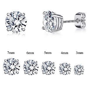 18K White Gold Plated Stud Earrings 4 Prong Round Cut Brilliant 3-7mm Cubic Zirconia Earring Studs (5 Pairs)