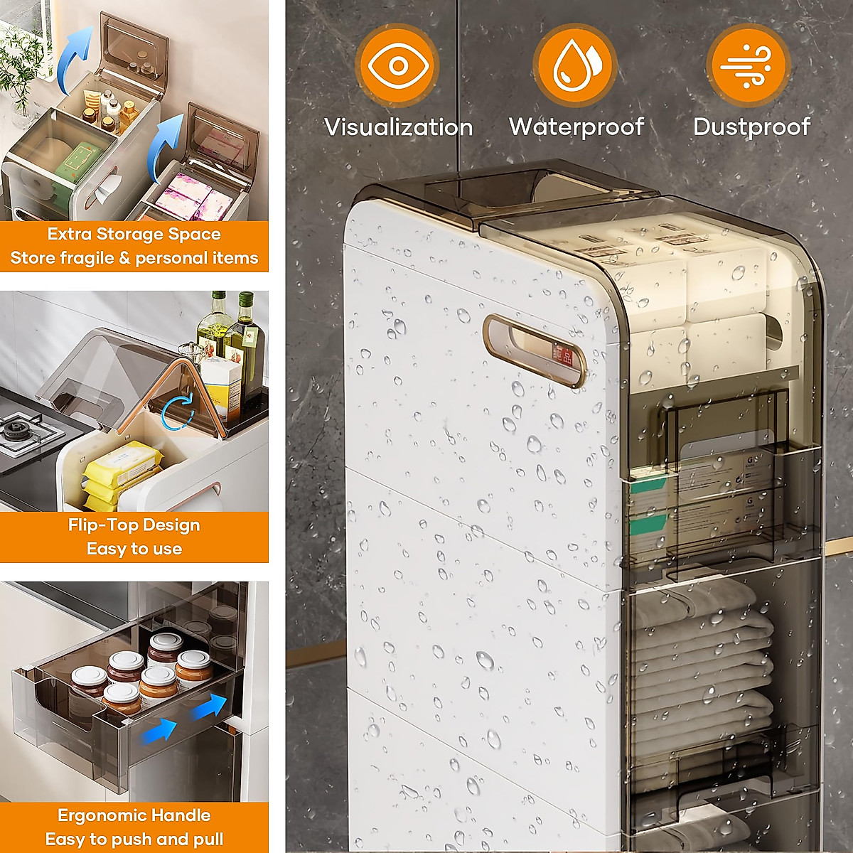 MOSAMNI 3-Tiers Slim Bathroom Storage Cabinet, Narrow Bathroom Storage Cabinet with Drawers & Wheels, Plastic Waterproof Bathroom Storage Organizer for Small Spaces, Kitchen, Laundry Room, Out-of-Box