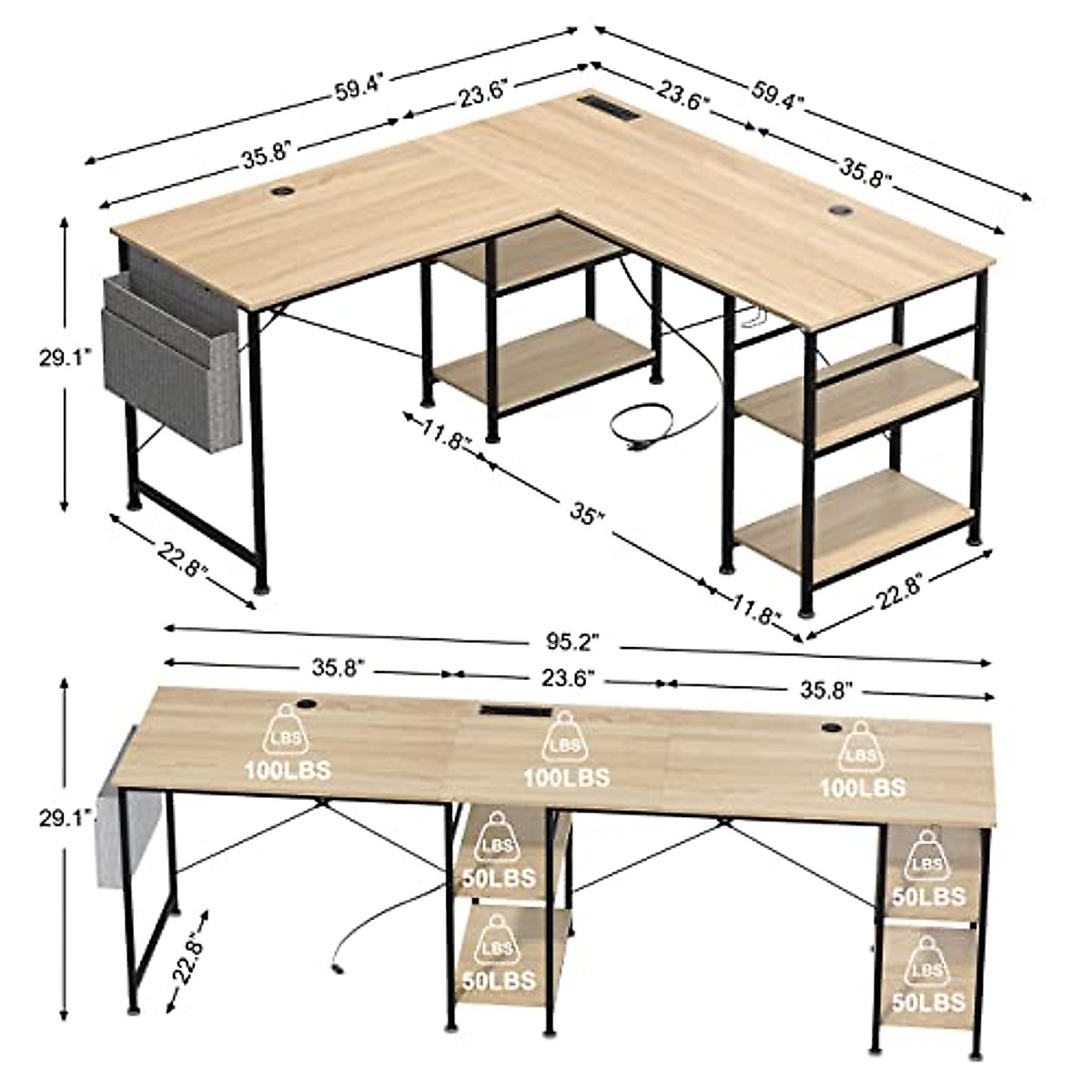 Tbfit L Shaped Desk with Storage Shelves,95.2 Inch Reversible Coner, Office Desk for Small Space,Large Computer Gaming Desk Workstation with Power Outlet,2 Person Long Writing Study Table(Oak)