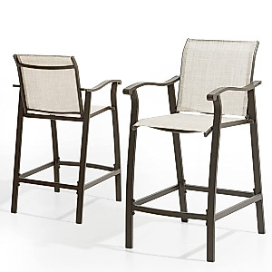 VredHom Outdoor Bar Stools & Chairs Set of 2, 2 PCS Counter Height Bar Stools, Patio Bar Chairs Brown Aluminum Frame & Beige Textilene