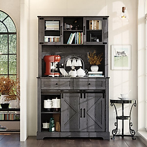 ARTPOWER Wine Bar Cabinet with Sliding Barn Door, 72" Hutch Cabinet with Wine&Glasses Rack, Tall Farmhouse Kitchen Pantry Buffet Cabinet with Drawers for Dining Room, Gray