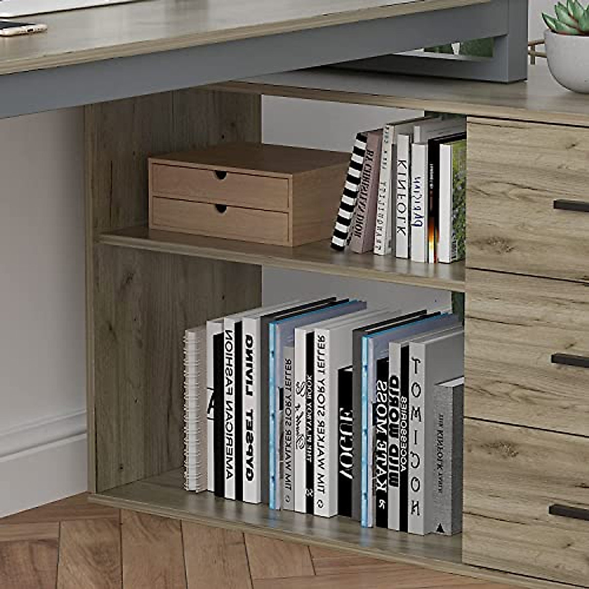 Homsee Home Office Computer Desk Corner Desk with 3 Drawers and 2 Shelves, 55 Inch Large L-Shaped Study Writing Table with Storage Cabinet - Light Brown