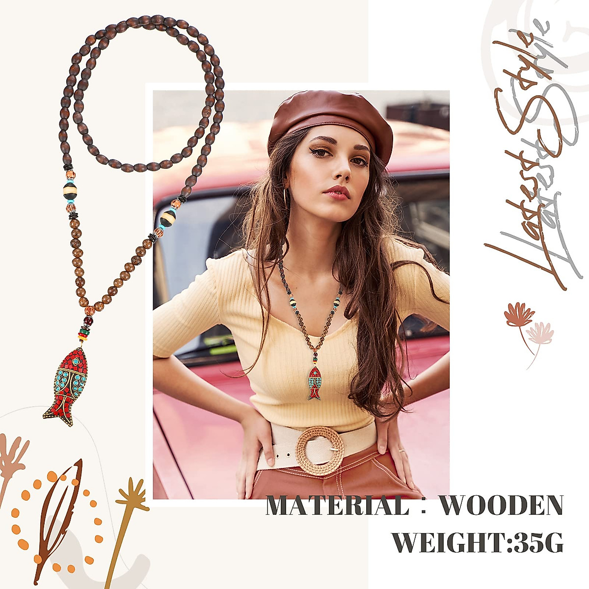 3 Pcs Boho Long Pendant Necklaces for Women Boho Long Wooden Beaded Necklace Handmade Turquoise Fish Elephant Necklace Boho Jewelry with Storage Bag for Women(Exquisite Style)