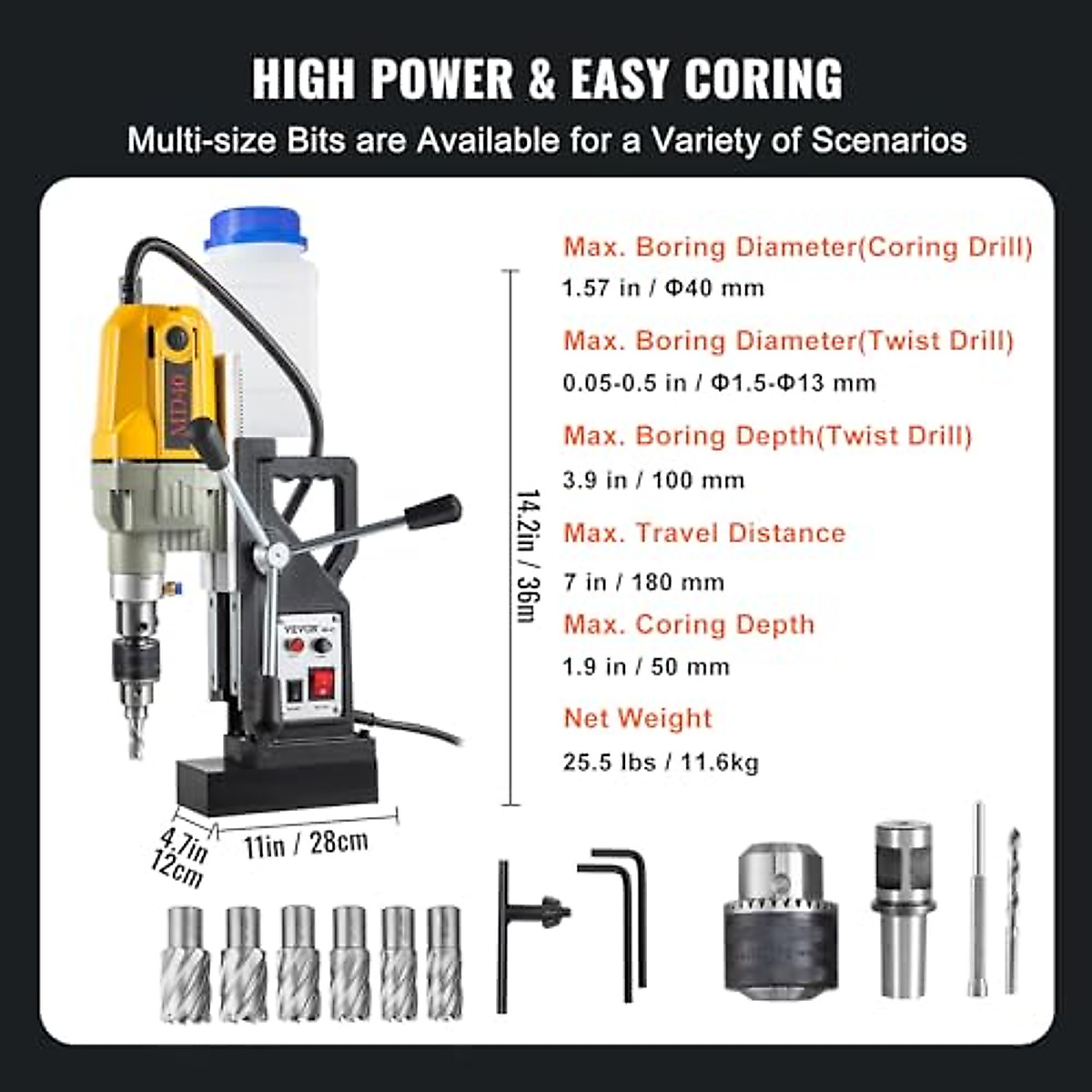 VEVOR Magnetic Drill, 1100W 1.57" Boring Diameter, 2697lbf/12000N Portable Electric Mag Drill Press with 7 Bits, 580 RPM Max Speed Drilling Machine for any Surface and Home Improvement