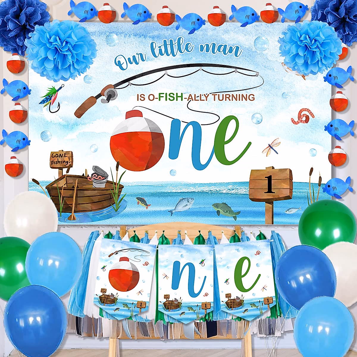 O Fishally One First Birthday Decorations,Gone Fishing Party Supplies Include Fish Bobber Banner,Our Little Man Is Ofishally Turning One Backdrop Balloons for Baby Boy 1st Birthday Supplies