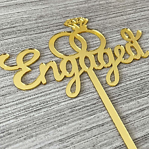 JIEEIN Engaged Cake Topper, Just Engaged Cake Pick Engagement Party Decorations, Bridal Engagement Wedding Cupcake Decoration Party Supplies, Mirror Gold