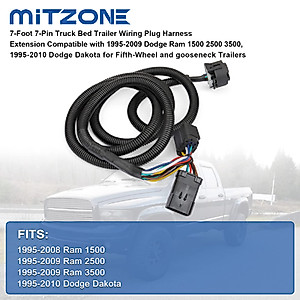 MITZONE 7-Foot 7-Pin Truck Bed Trailer Wiring Plug Harness Extension Compatible with 1995-2009 Dodge Ram 1500 2500 3500, 1995-2010 Dodge Dakota for Fifth-Wheel and gooseneck Trailers