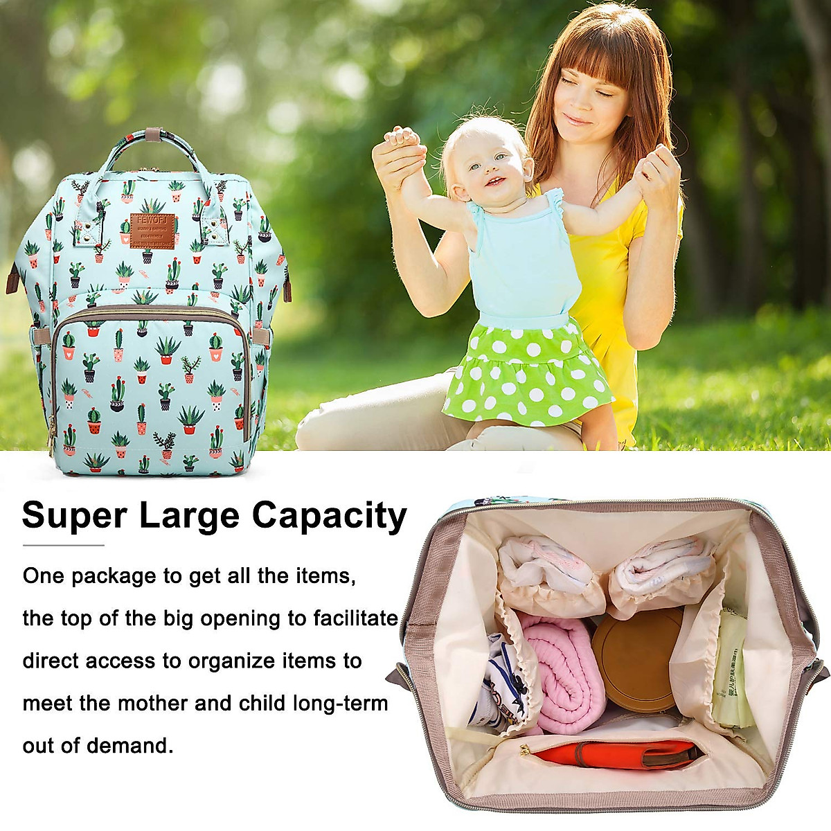 FEWOFJ Cactus Diaper Bag Backpack, Women Waterproof Travel Nappy Bag for Baby Care
