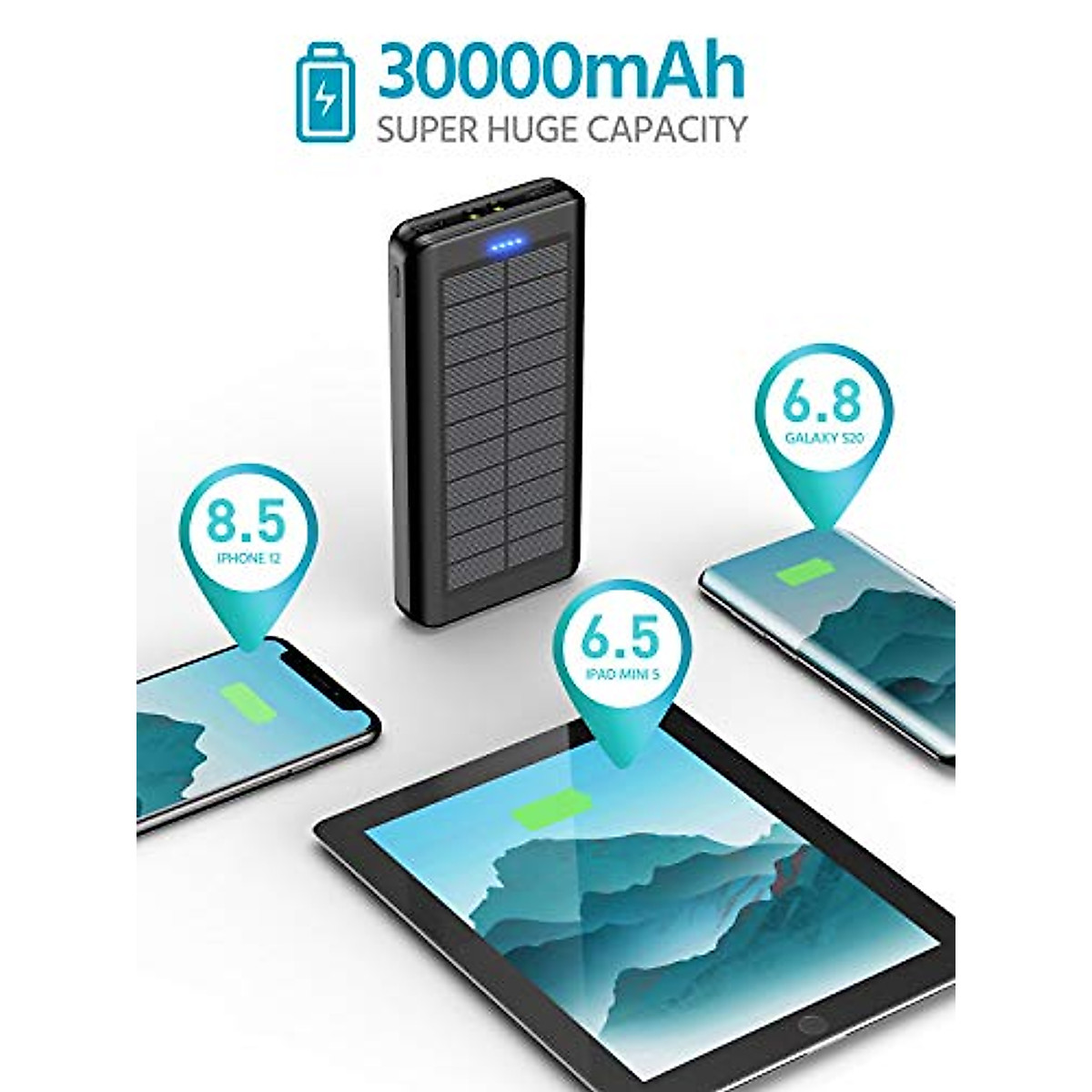 Solar Charger 30000mAh - YPWA Solar Power Bank 2 Output with LED Flashlight for iPhone,Android and Outdoor Camping(1pcs)