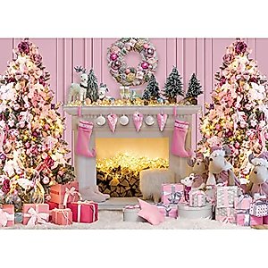 Maijoeyy 7x5ft Pink Christmas Photography Backdrop Christmas Fireplace Backdrop Pink Xmas Tree Gift Background Snow Holiday Family Party Photo Studio Props