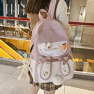 YUESUO Kawaii Large Backpack with Cute Bunny Ear Backpack Pendant Pins for Teen Girl Student School Bag Bookbag Satchel Laptop (Pink,Large)