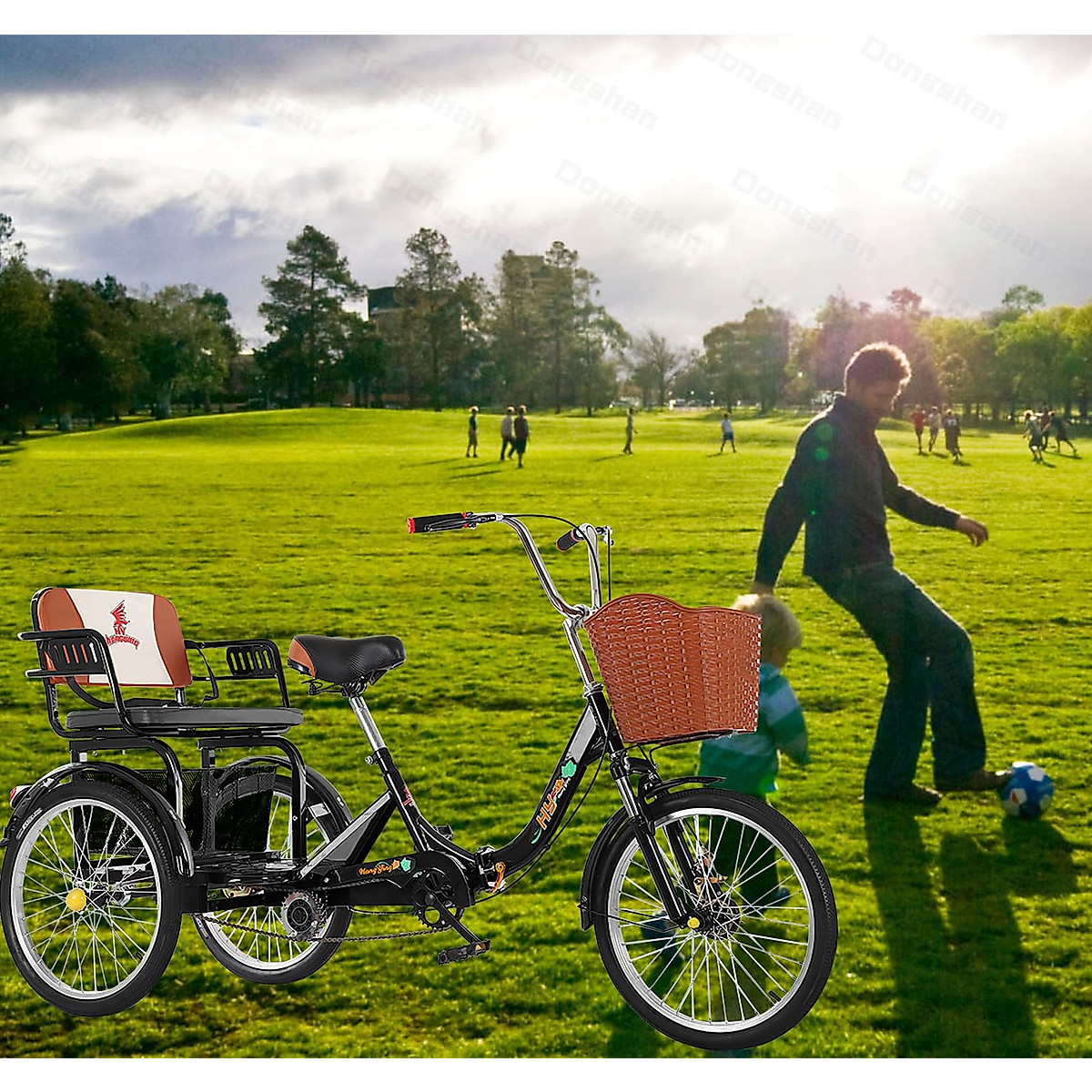 Adult Tricycle Folding Bicycle Comfortable seat 3 Wheel Bicycle Rear Enlarged Vegetable Basket Double Chain 20inch Shock Absorber Front Fork for Parents and Children Maximum Load 440lbs (Black)