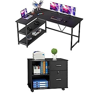 GreenForest Small L Shaped Desk 51x35.4 inch Reversible Corner Gaming Computer Desk and Wooden File Cabinet 2 Drawer Lateral Filing Cabinet with Lock