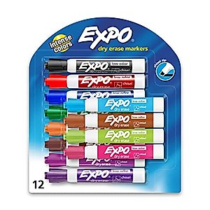 EXPO Low Odor Dry Erase Markers, Chisel Tip, Assorted Colors, 12 Count