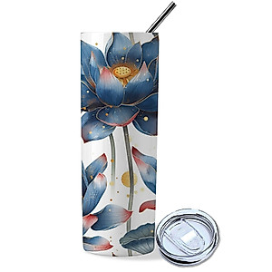 Medpol Blue Lotus tumbler with lid and straw 20 oz insulated tumbler cups Blue Lotus insulated travel coffee mugs for women cute sippy cups stainless insulated travel cups