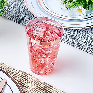 JOLLY CHEF 100 Pack Rose Gold Plastic Cups, 12 oz Clear Plastic Cups Tumblers, Elegant Rose Gold Rim Disposable Plastic Cups Perfect for Party Wedding