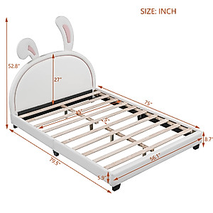 Merax Full Size Upholstered Leather Platform Bed with Bunny Ears Headboard, Platform Bed Frame with Rabbit Ornament for Kids, Child's Bedroom, No Box Spring Needed, White