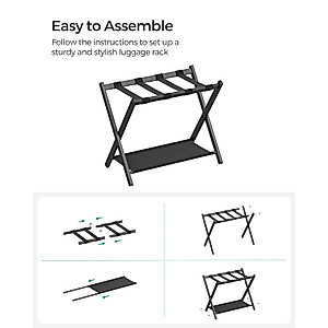 SONGMICS Luggage Racks for Guest Room, Set of 2, Suitcase Stand with Storage Shelf, Steel Frame, Foldable for Easy Storage, Hotel, Bedroom, Black URLR003B02