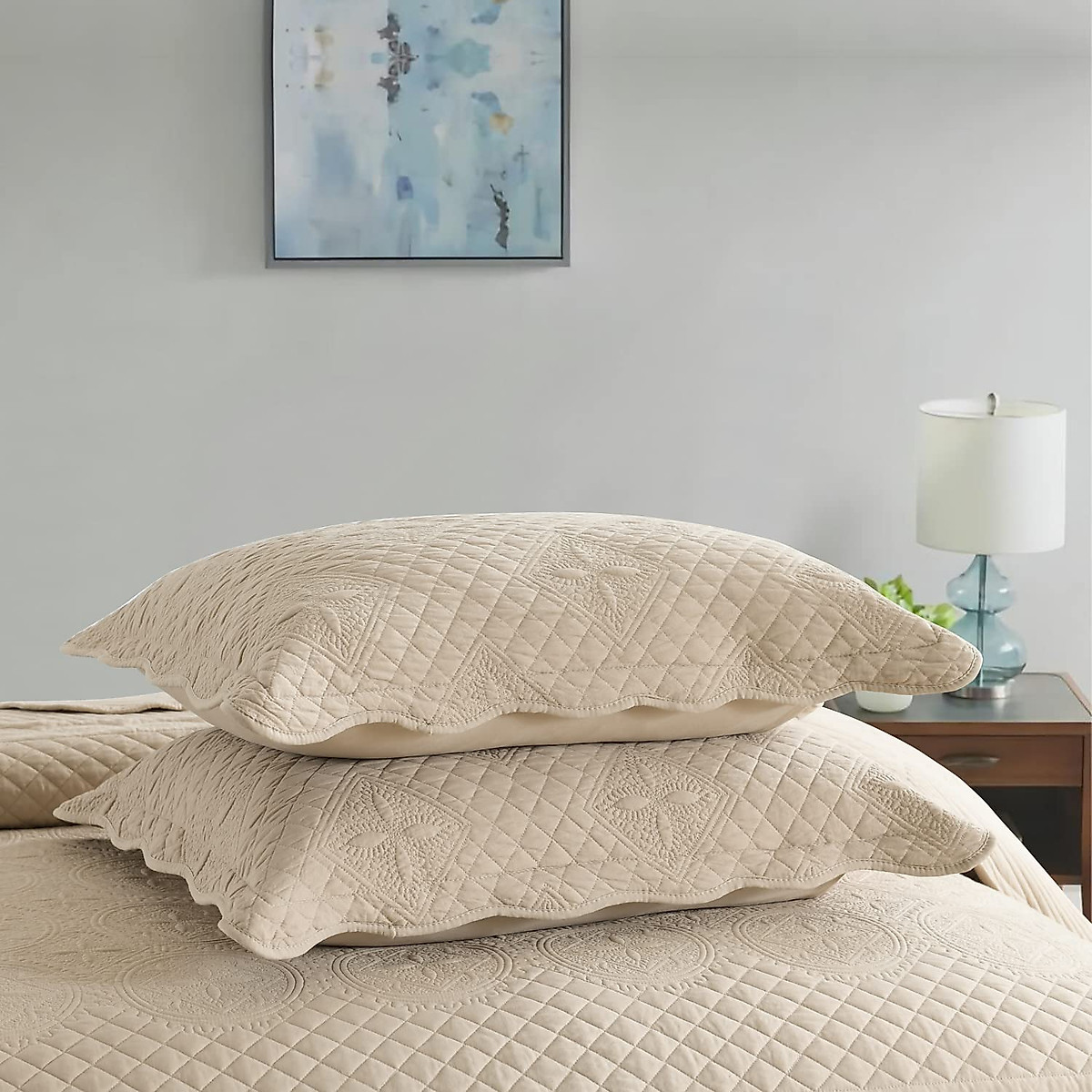 mixinni Quilt Set King Size Khaki 3 Piece Embossed Solid Color Coverlet Set Lightweight Bed Quilted Set Bedspread for All Season 1 Quilt +2 Matching Pillow Shams-(King, Khaki)