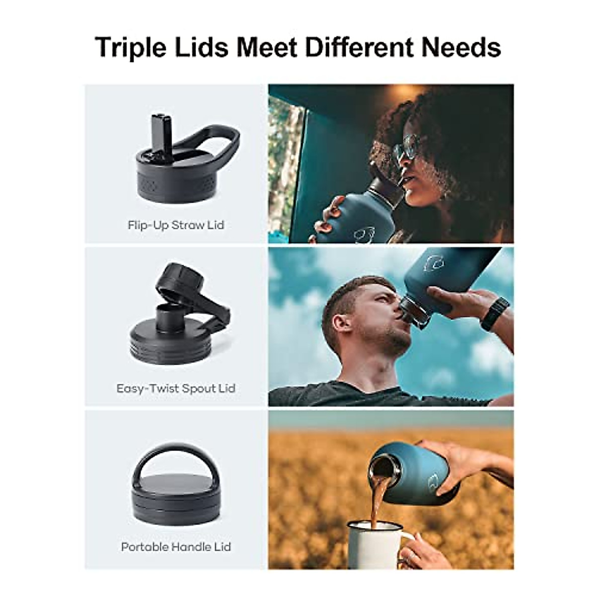 BUZIO Insulated Water Bottle 64 oz with Straw Lid (3 Lids), 64oz Stainless Steel Water Bottle Half Gallon Jug Flask, Double Wall Vacuum Sports Thermo Mug, Cold Hot Hydro Metal Canteen, Indigo Black