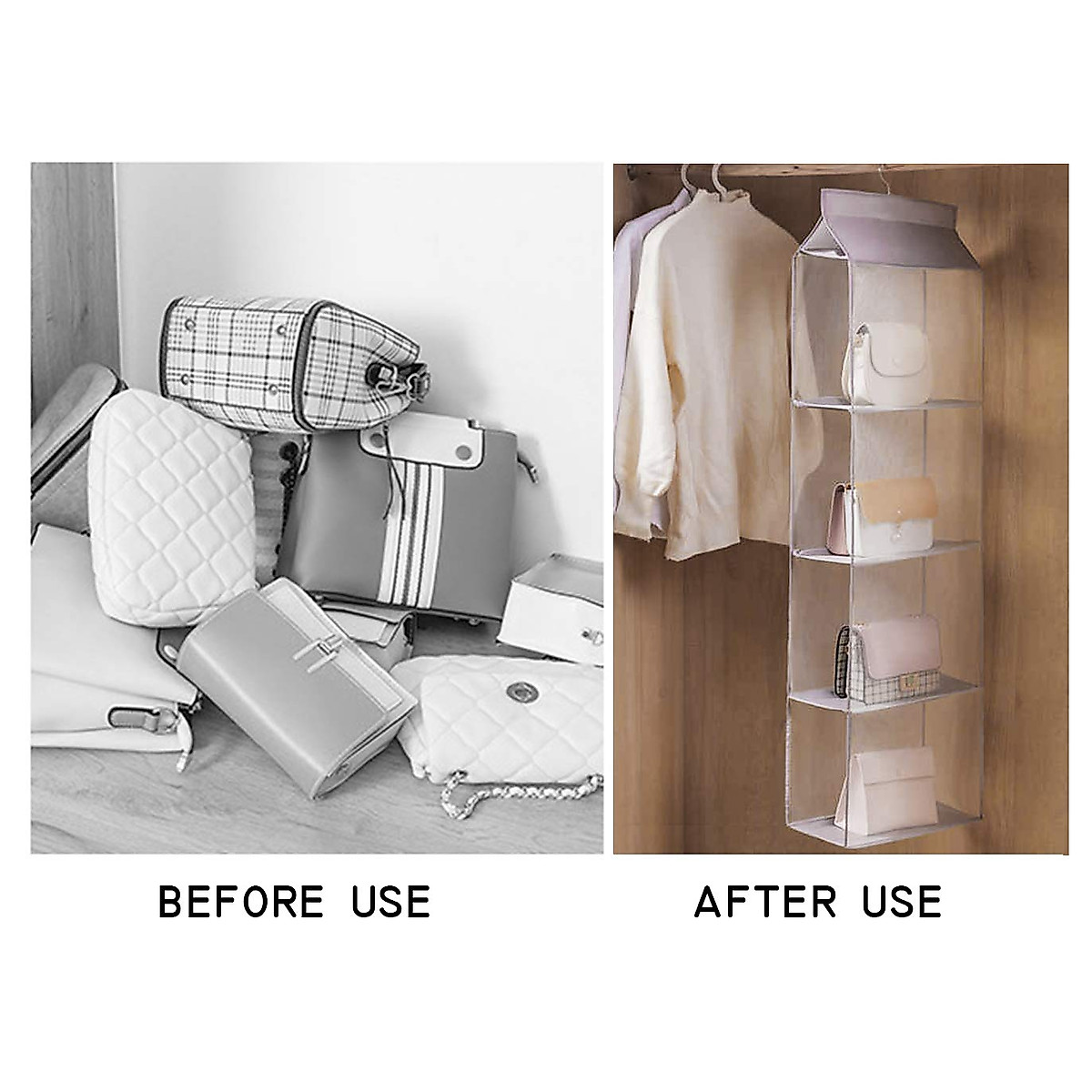 AARAINBOW Hanging Clear Handbag Purse Organizer for Closet, Handbag Organizer with Hook 4 Easy Access Pockets Wardrobe Closet Space Saving Organizers System, 47.2 L x 15.7Wx 6.3D (Gray)