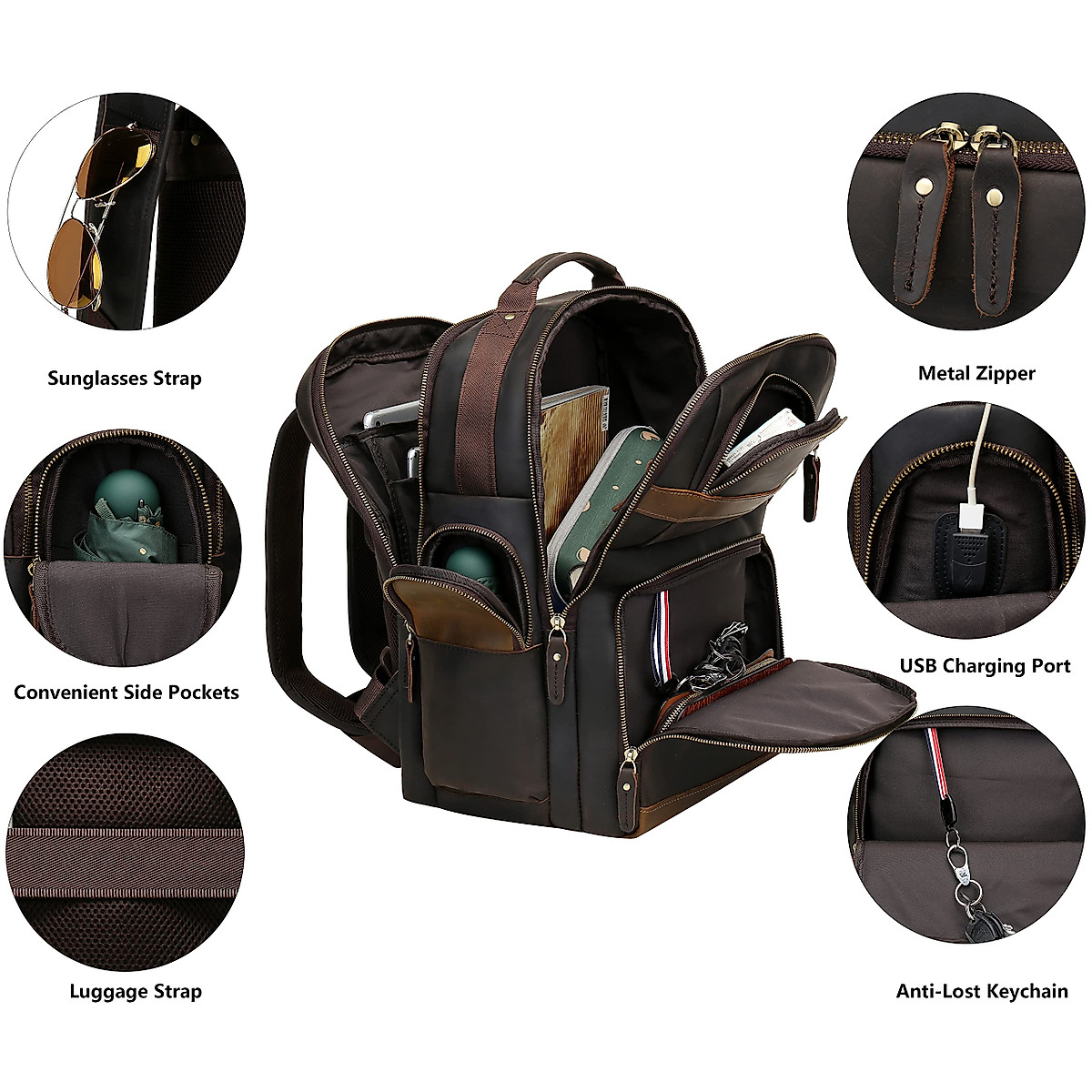 UBANT Leather Backpack for Men,15.6" Laptop Backpack Large Capacity Vintage Casual Travel Business Work Computer Bag Outdoor Weekend Daypacks (Dark Brown)