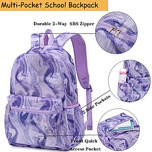 Dafelile Mesh Backpack for Girls Semi-Transparent See Through School Backpack for Teen Girls Large Capacity(Magic Purple Backpack)