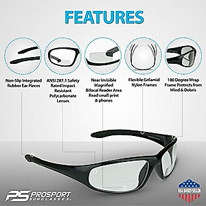 proSPORT Bifocal Safety Protective Glasses +1.50 Black Frame Clear Lens Z87 for Men and Women