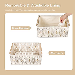 LaMorée Large Boho Macrame Storage Baskets 3 PCS Cotton Rope Hand Woven Bin Set with Natural Wooden Handles & Beads Decorative Wicker Boxes for Tabletop Book Shelf Bathroom Organizer Container