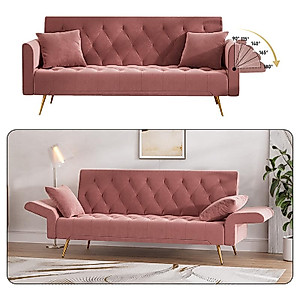 DAMAIFROM 71" Velvet Couch, Futon Sofa Bed, Sleeper Sofa with Adjustable Back, Loveseat,Mid Century Modern Couches with Folding Armrests for Living Room, Bedroom,Small Spaces (Rose Pink)